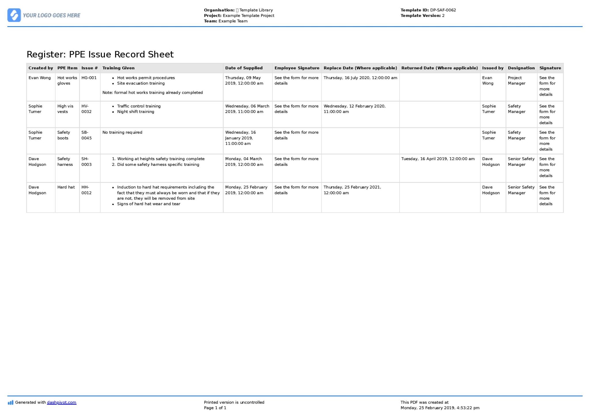 PPE Sign Off Sheet Template