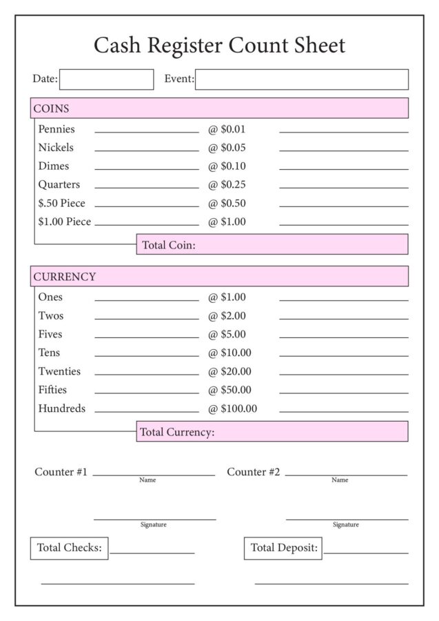 Printable Cash Drawer Count Sheet Template