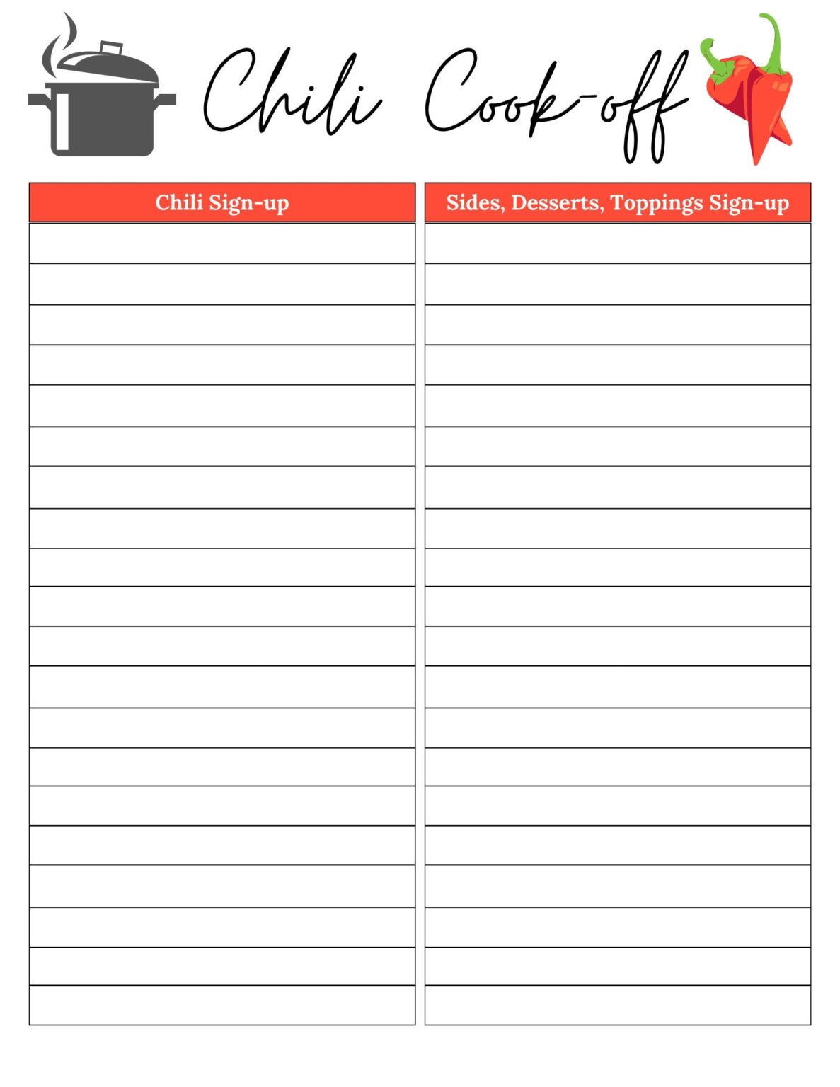 Printable Chili Cook Off Sign Up Sheet Template