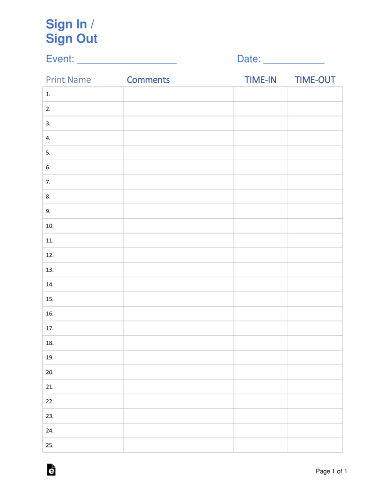 Printable Editable Sign In Sheet Template
