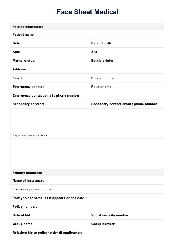 Printable Medical Face Sheet Template