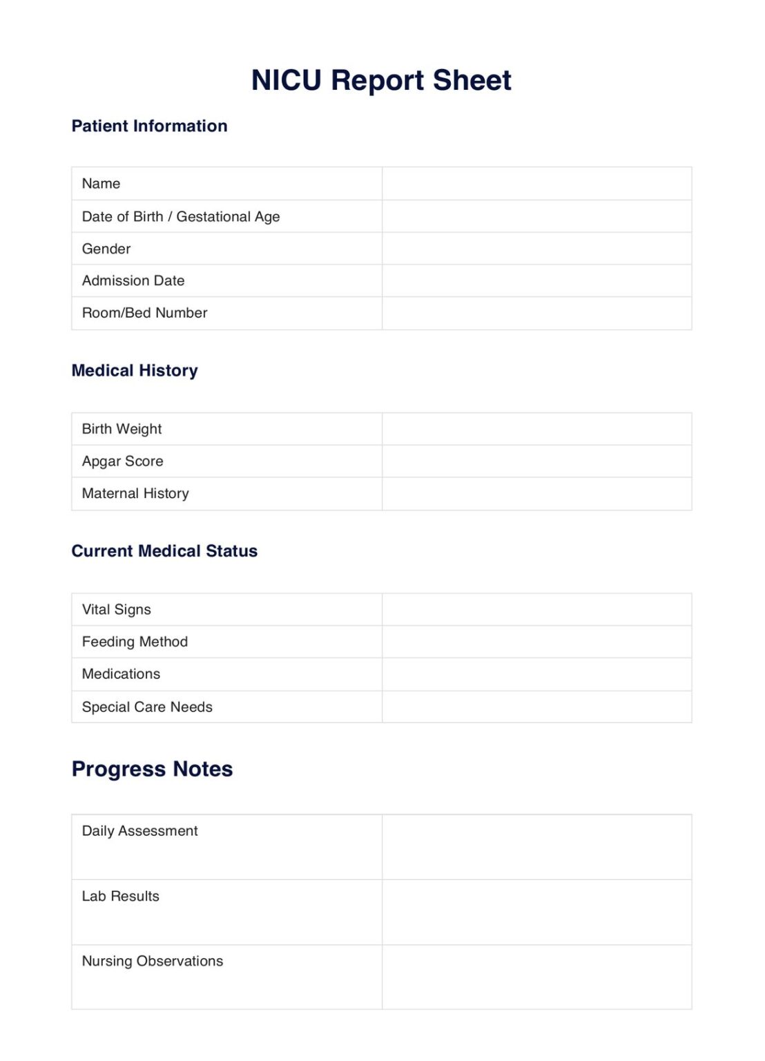 Printable NICU Report Sheet Template