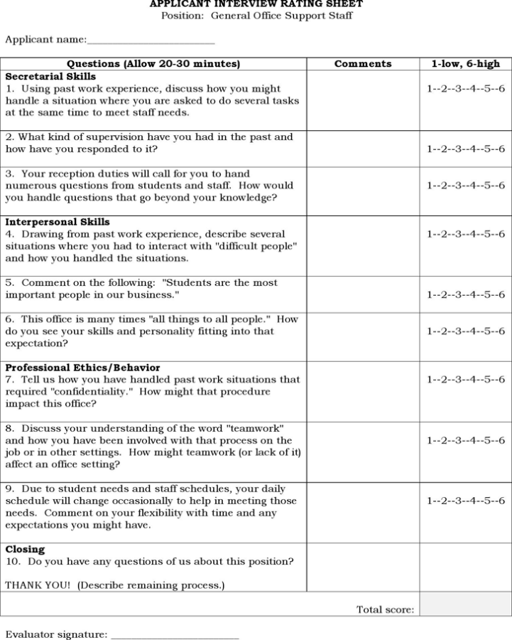 Printable Sample Interview Score Sheet Template