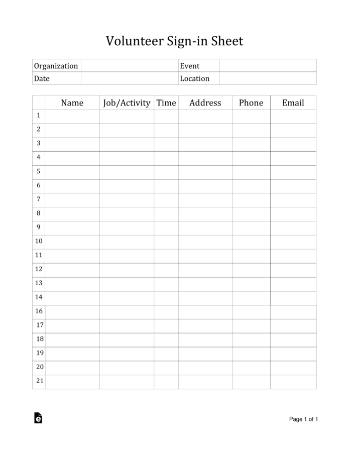 Printable Volunteer Sign Up Sheet Template