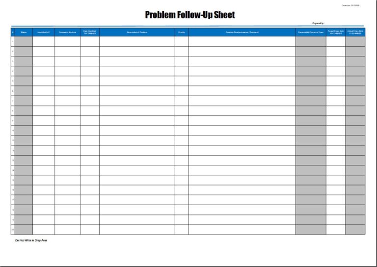 Problem Follow Up Sheet Template