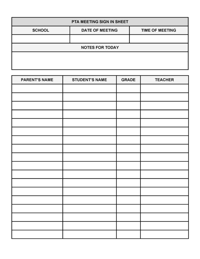 PTA Meeting Sign In Sheet Template