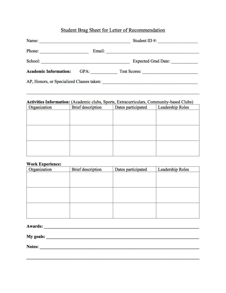 Recommendation Letter Brag Sheet Template