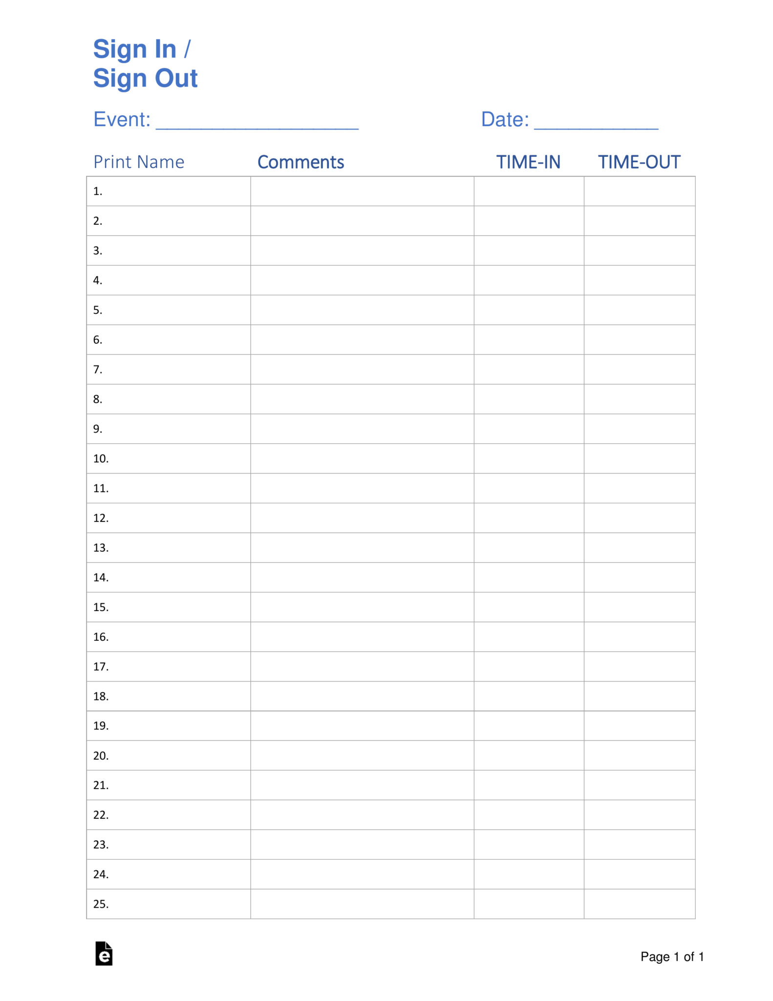 Registration Sign In Sheet Template