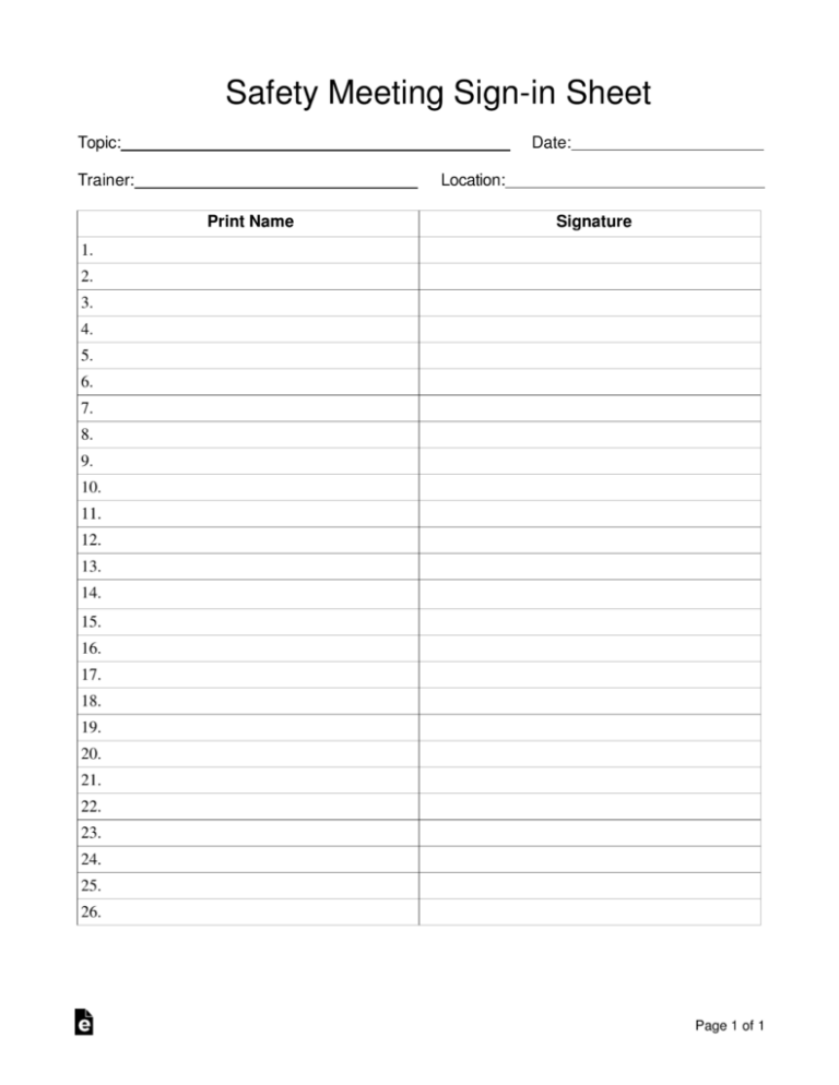 Safety Sign In Sheet Template