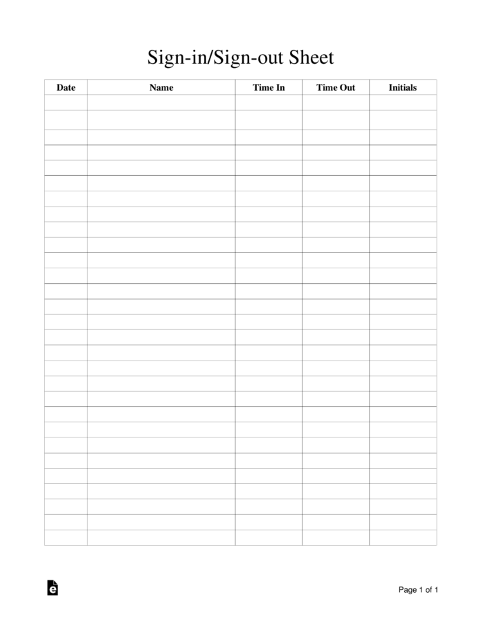 Sample Sign Out Sheet Template