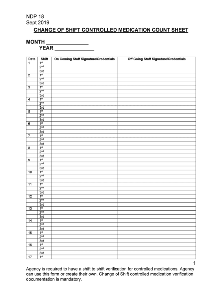 Shift to Shift Narcotic Count Sheet Template