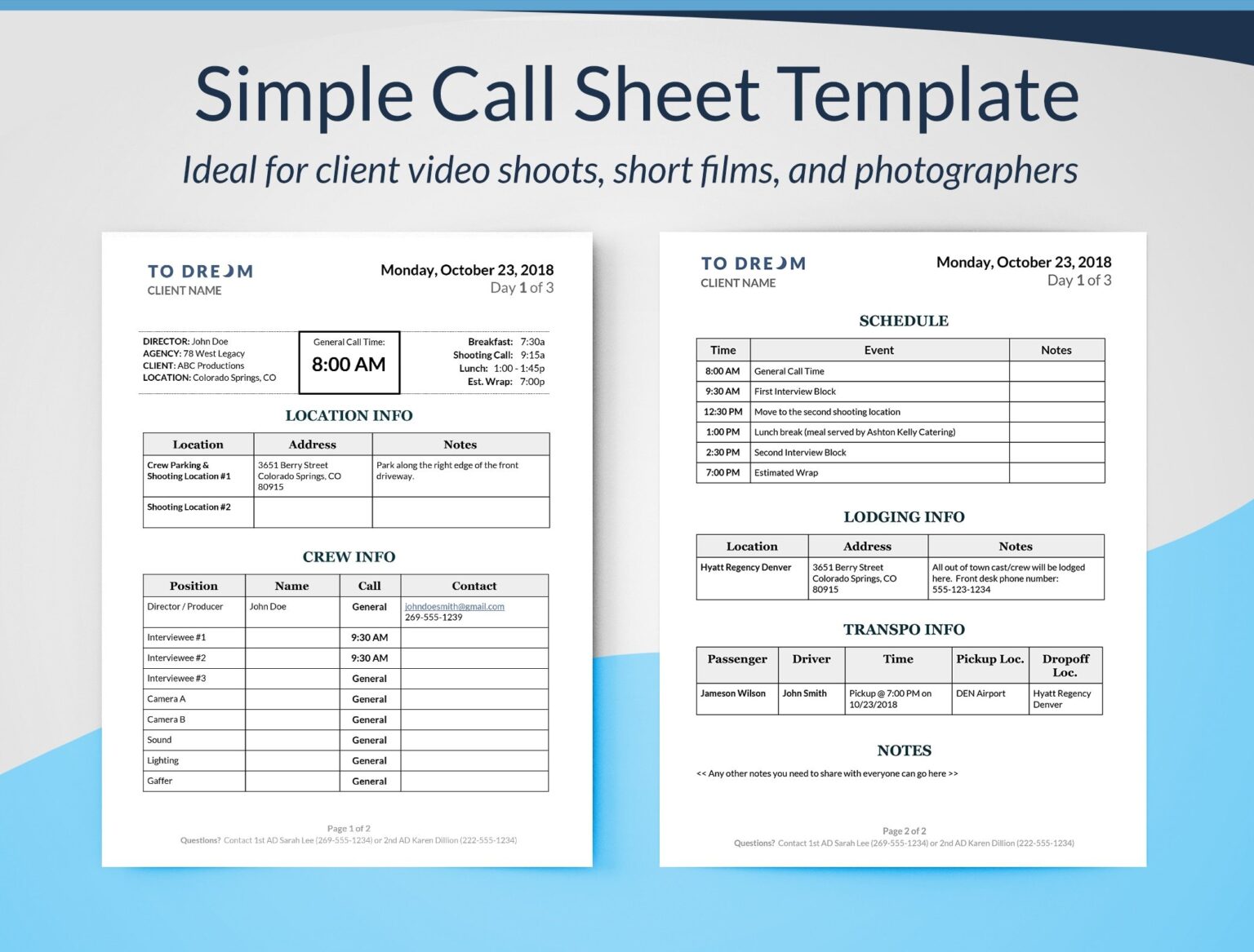 Short Film Call Sheet Template