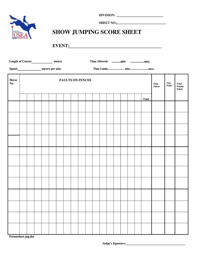 Show Jumping Score Sheet Template