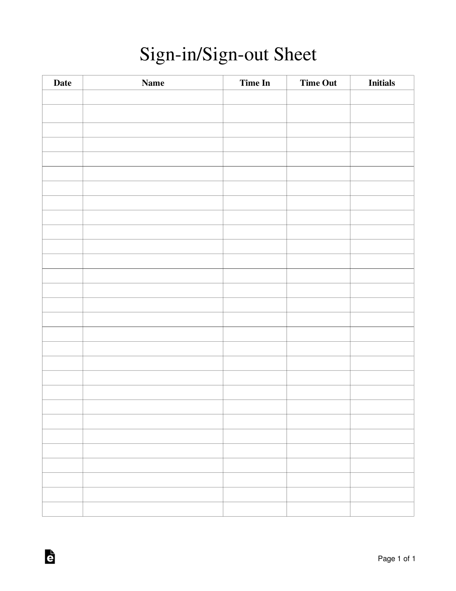 Sign In and Out Sheet Template