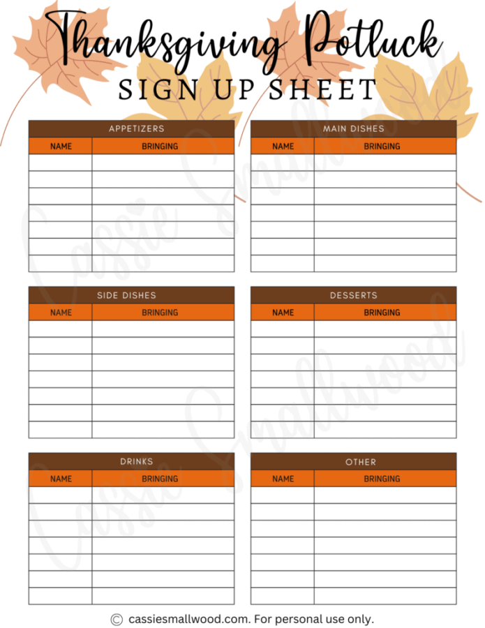 Fall Potluck Sign Up Sheet Template