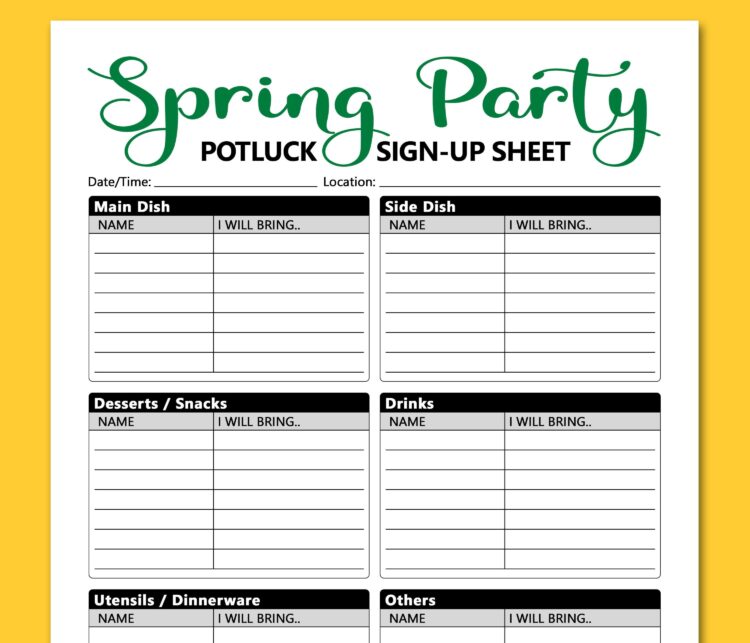 Spring Potluck Sign Up Sheet Template