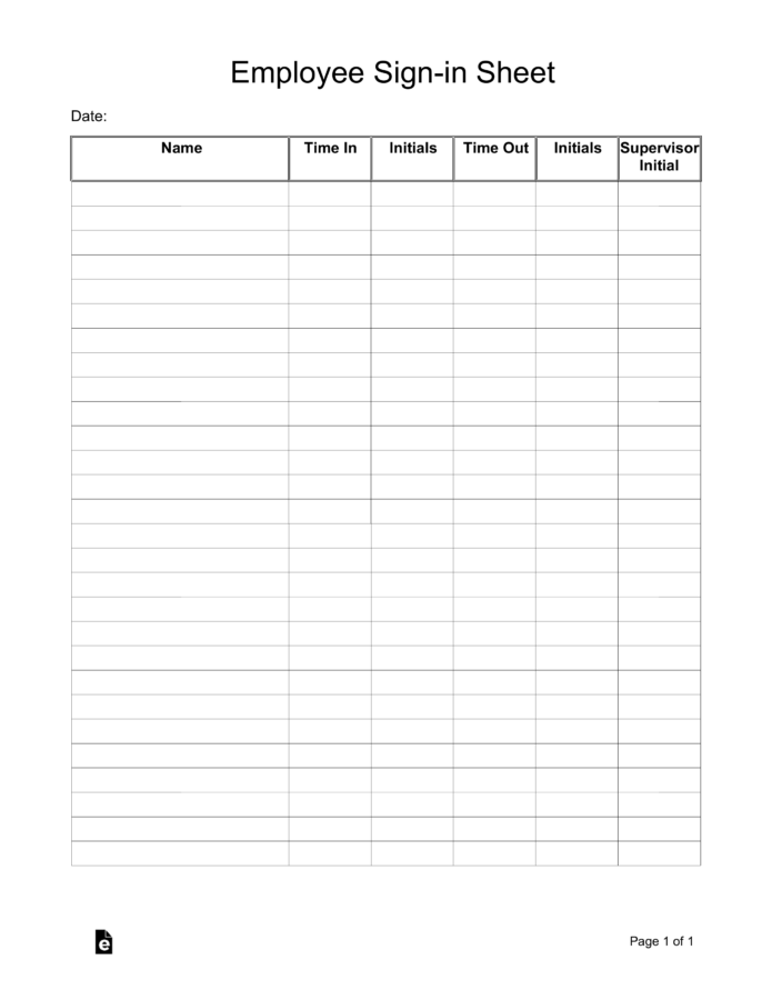 Staff Sign In and Out Sheet Template