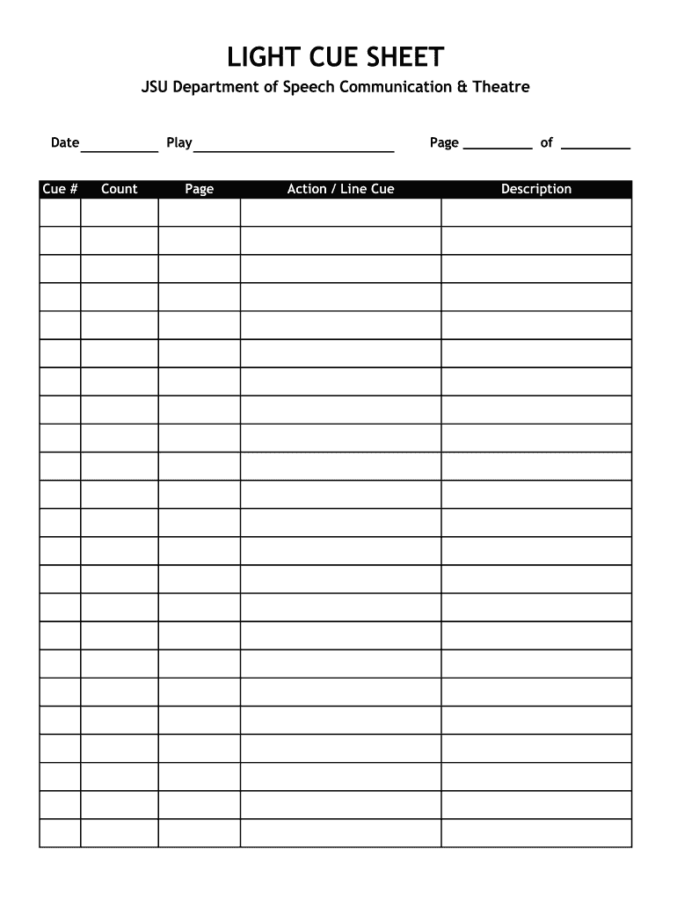 Theatre Lighting Cue Sheet Template