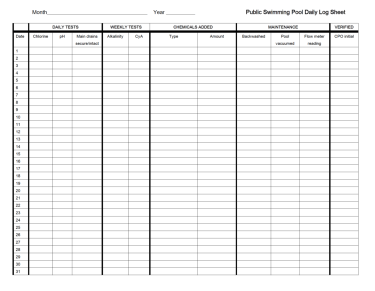 Printable Swimming Pool Log Sheet Template
