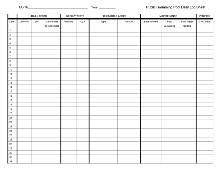 Printable Swimming Pool Log Sheet Template