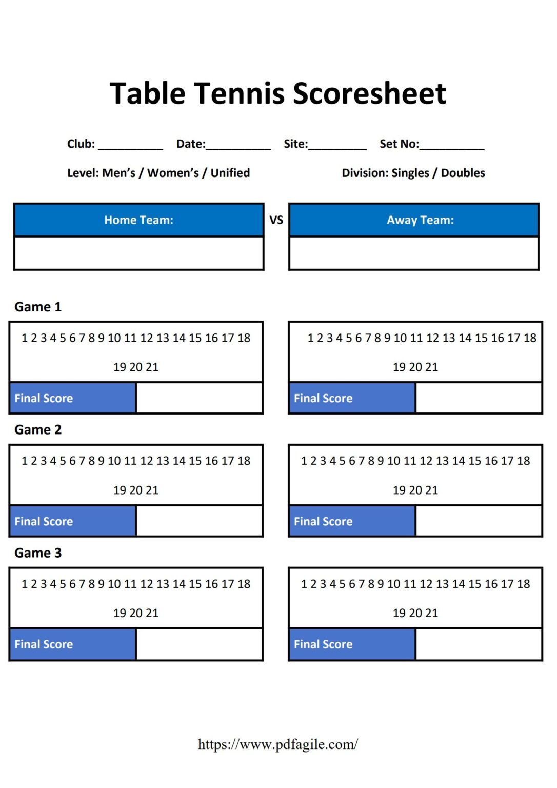 Table Tennis Score Sheet Template