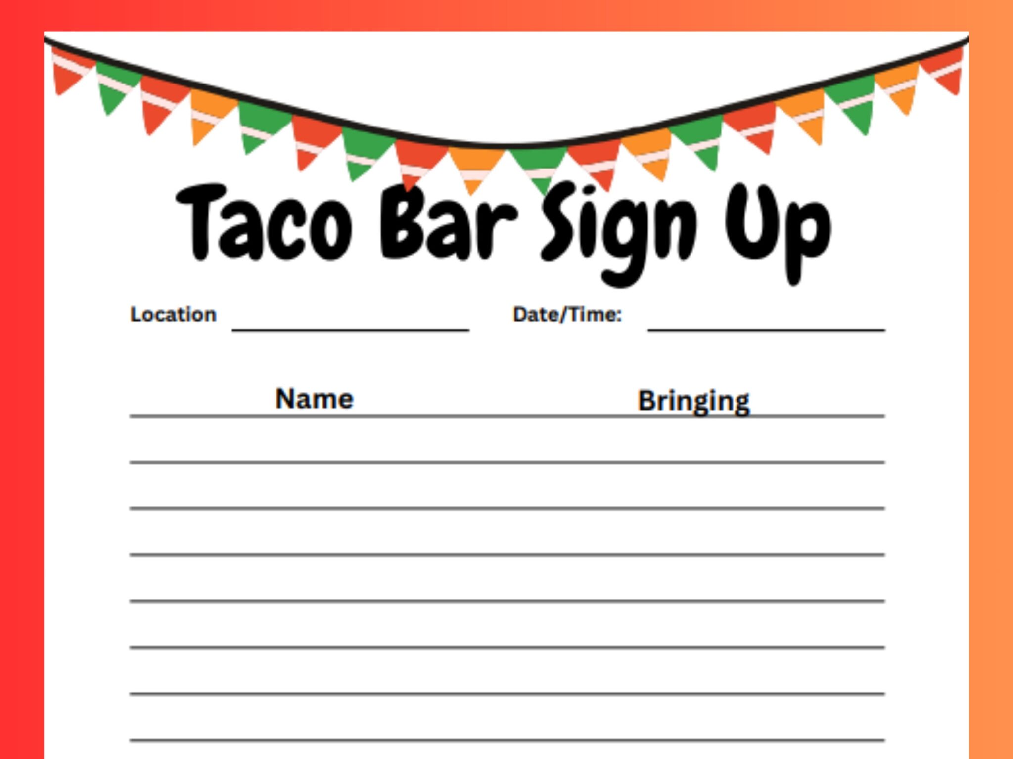 Taco Bar Sign Up Sheet Template