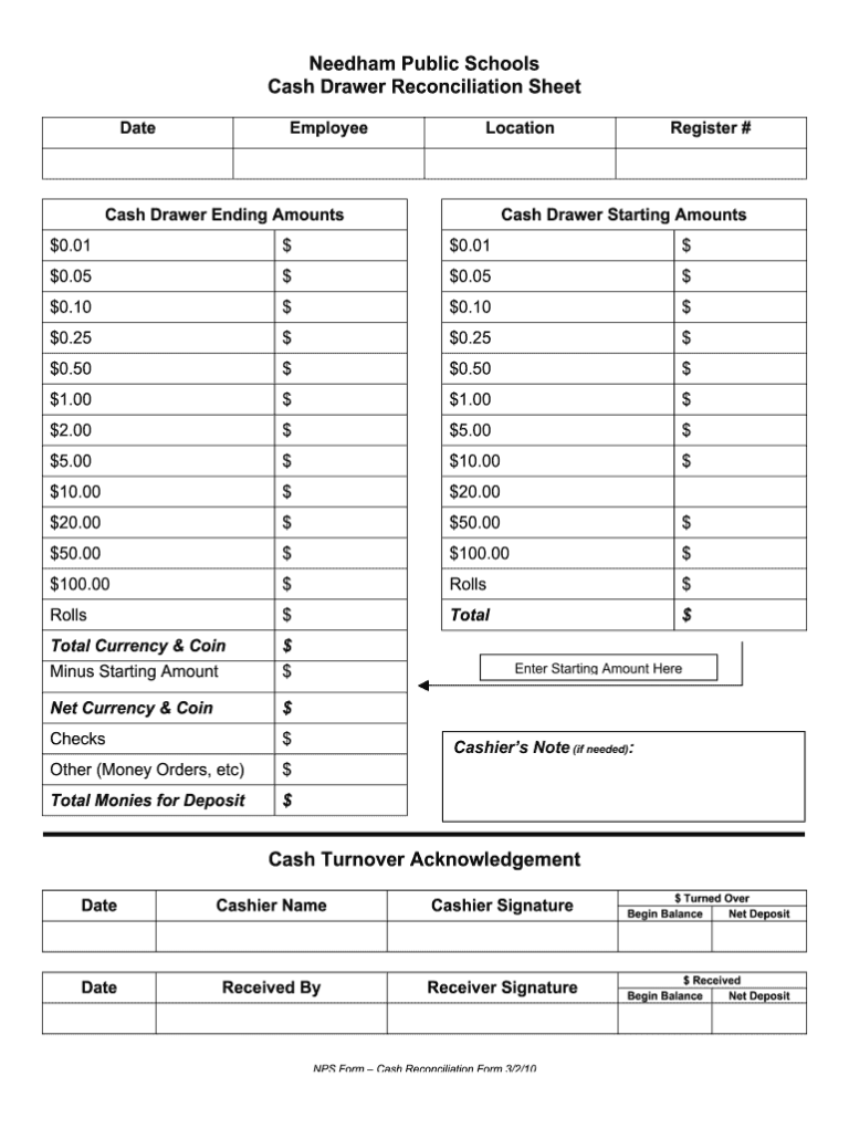 Daily Till Balance Sheet Template