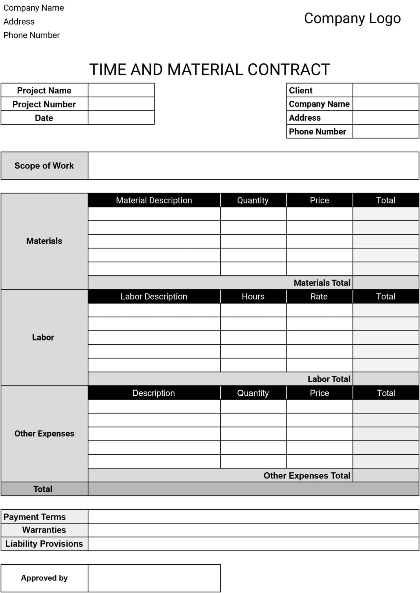 Time and Material Sheet Template
