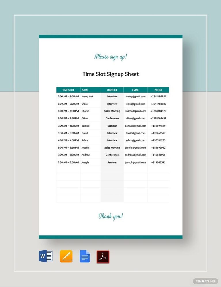 Time Slot Sign Up Sheet Template