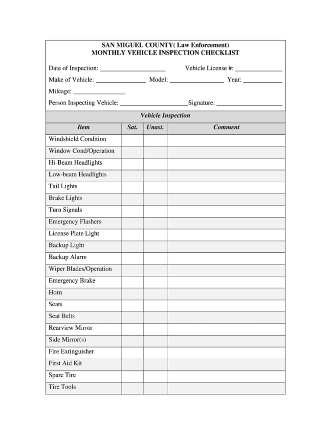 Vehicle Check Out Sheet Template