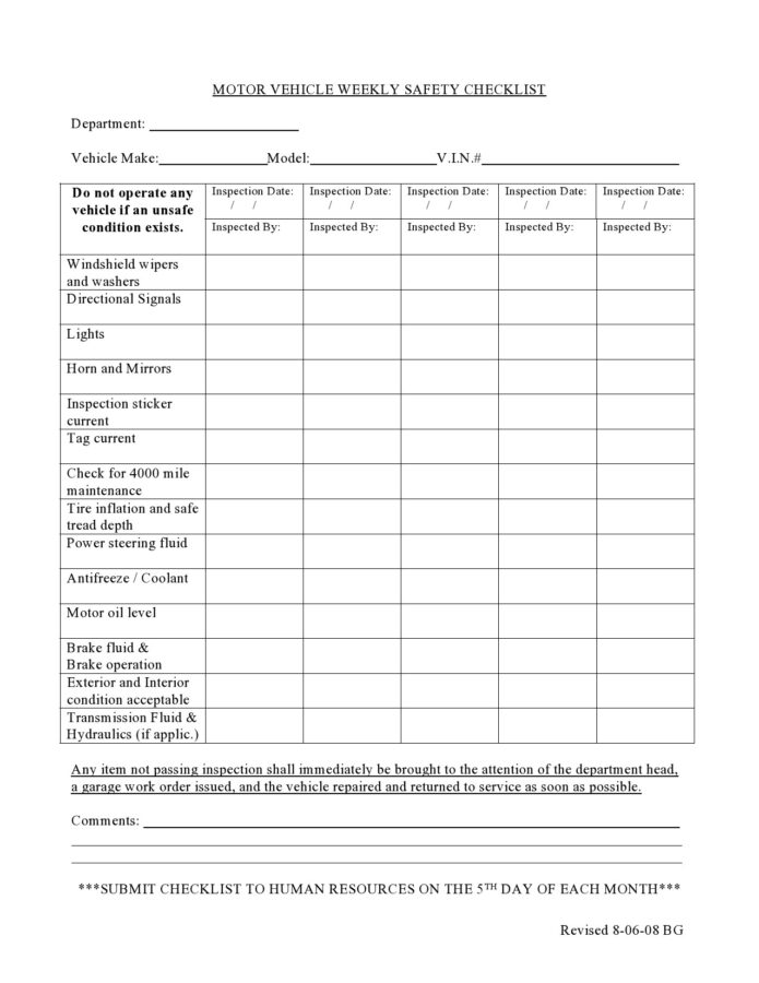 Vehicle Weekly Check Sheet Template