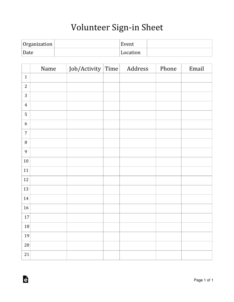 Volunteer Sign In and Out Sheet Template