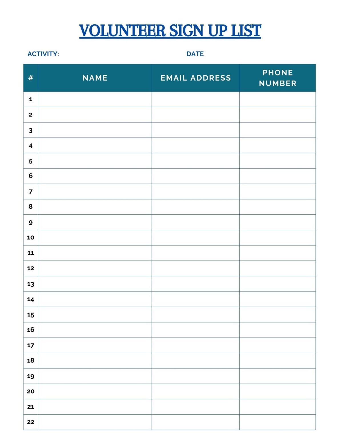 Volunteer Sign Up Sheet Template