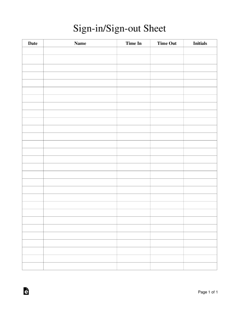 Work Sign In and Out Sheet Template