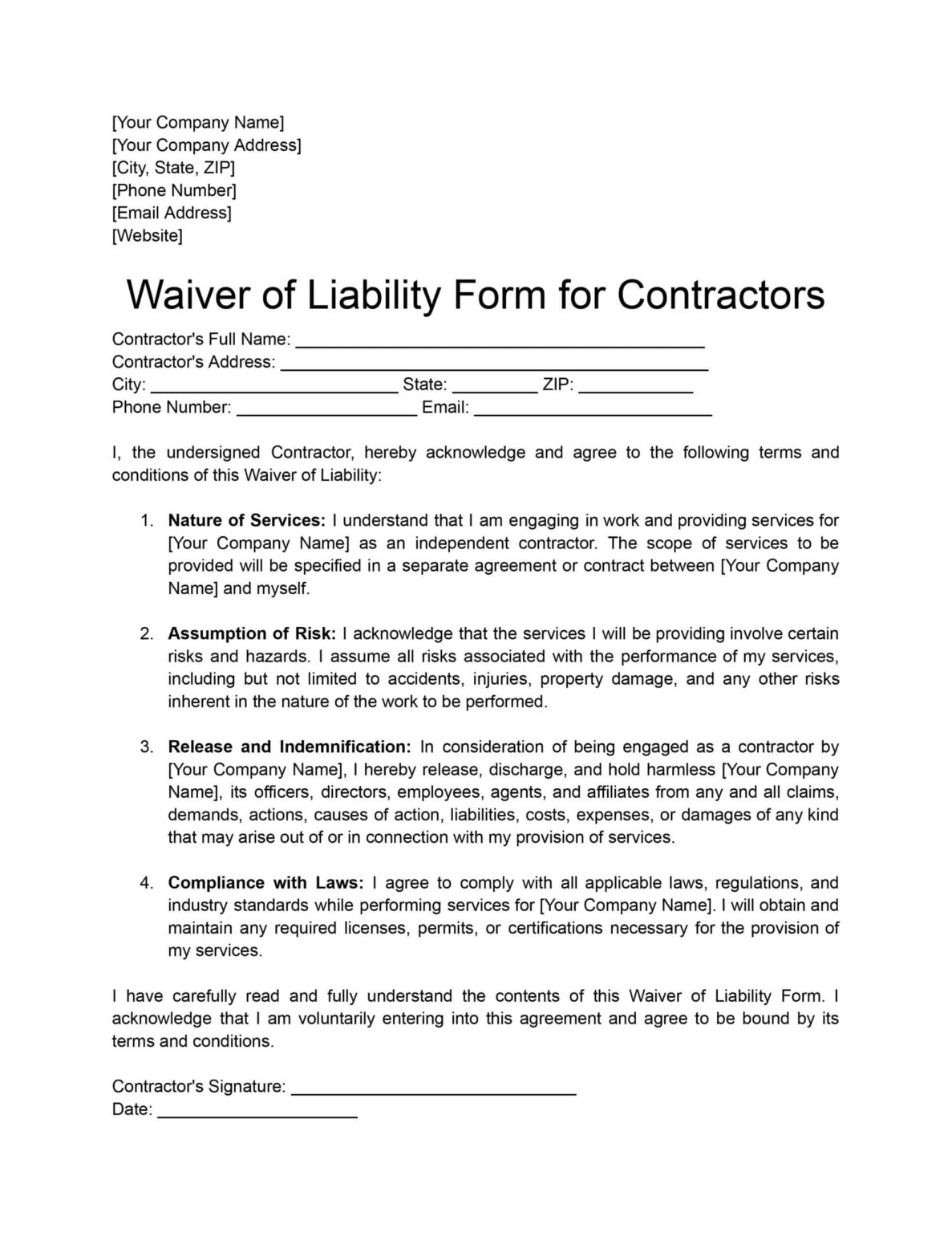 Construction Liability Waiver Form Template