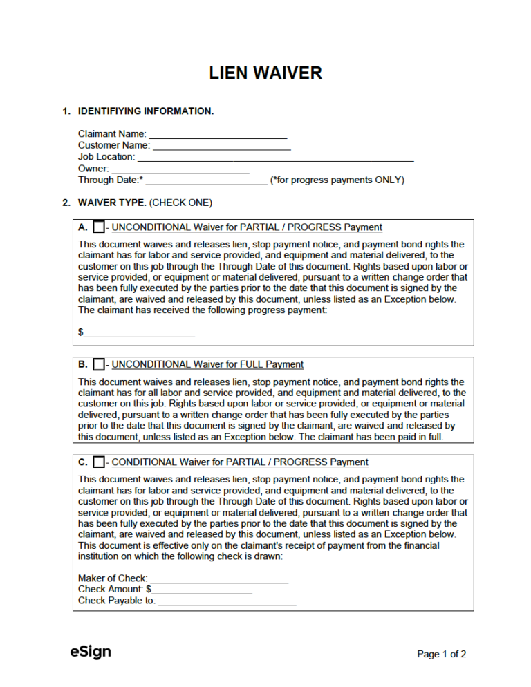 Construction Lien Waiver Form Template