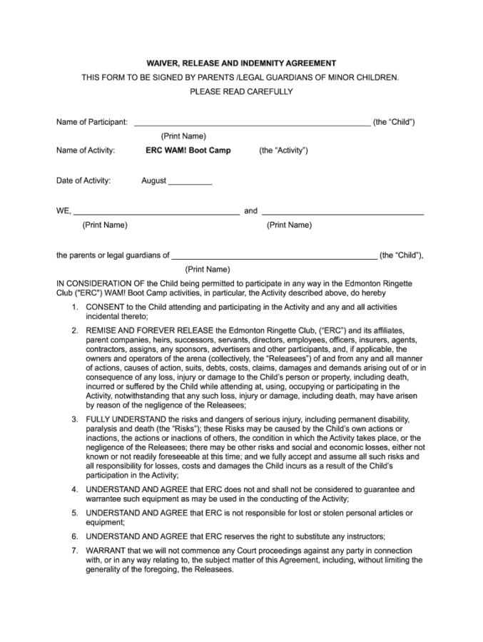 Editable Camp Waiver Form Template