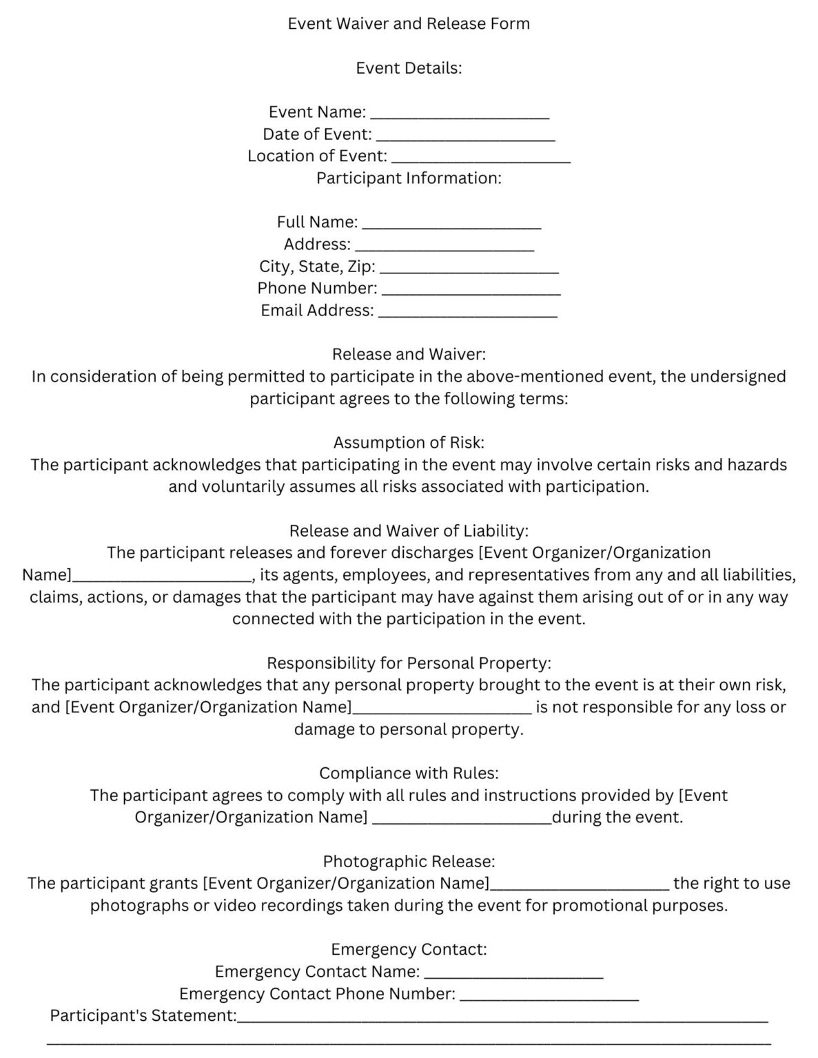 Event Liability Waiver Template