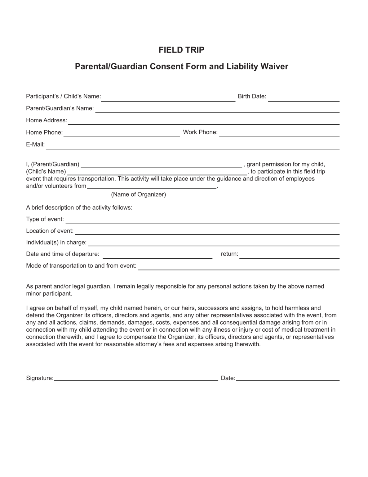 Field Trip Permission Slip And Waiver Template