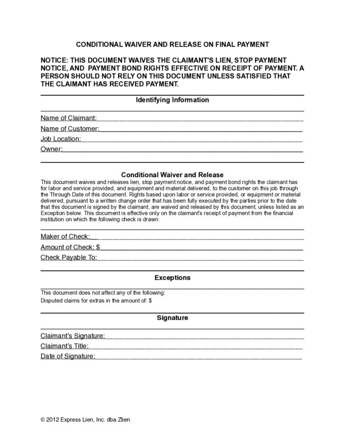 Final Conditional Lien Waiver Template