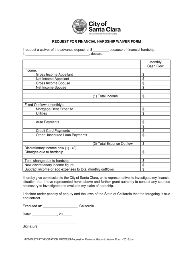 Financial Hardship Waiver Template