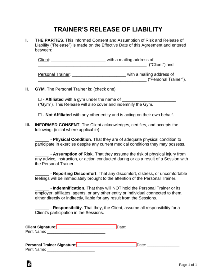 Fitness Waiver And Release Form Template