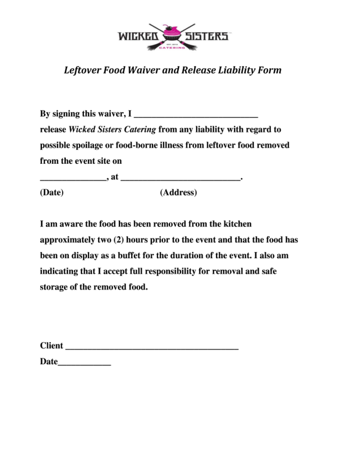 Food Disclaimer Form Food Waiver Template