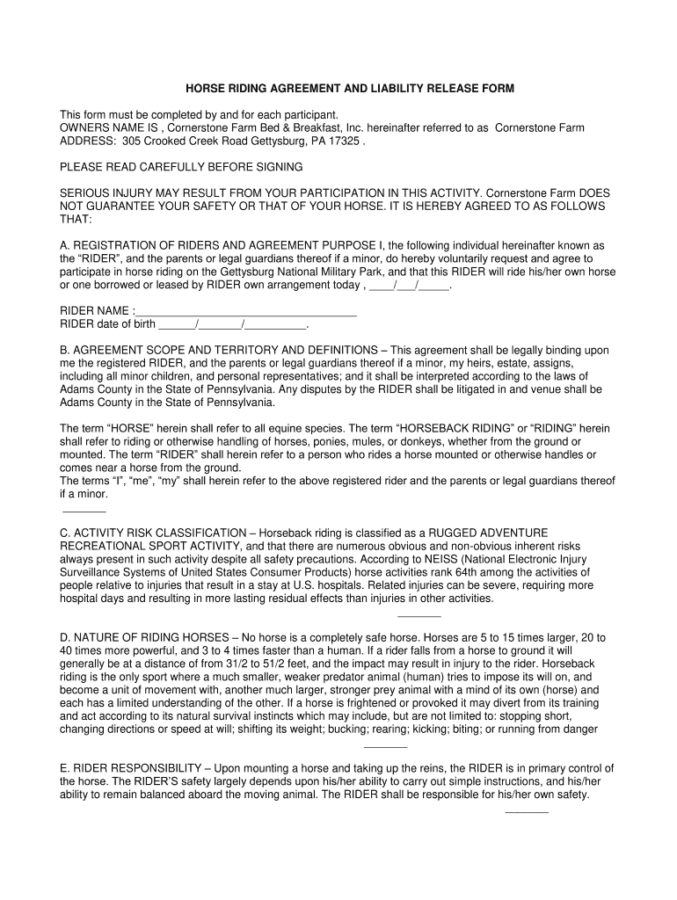 Horse Riding Lesson Waiver Template