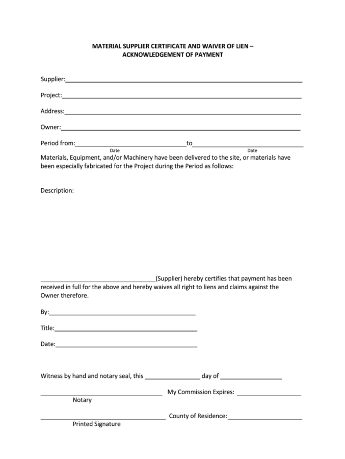 Material Lien Waiver Template