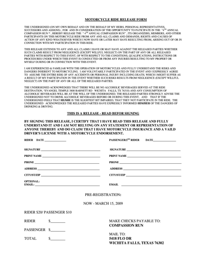 Motorcycle Ride Waiver Form Template