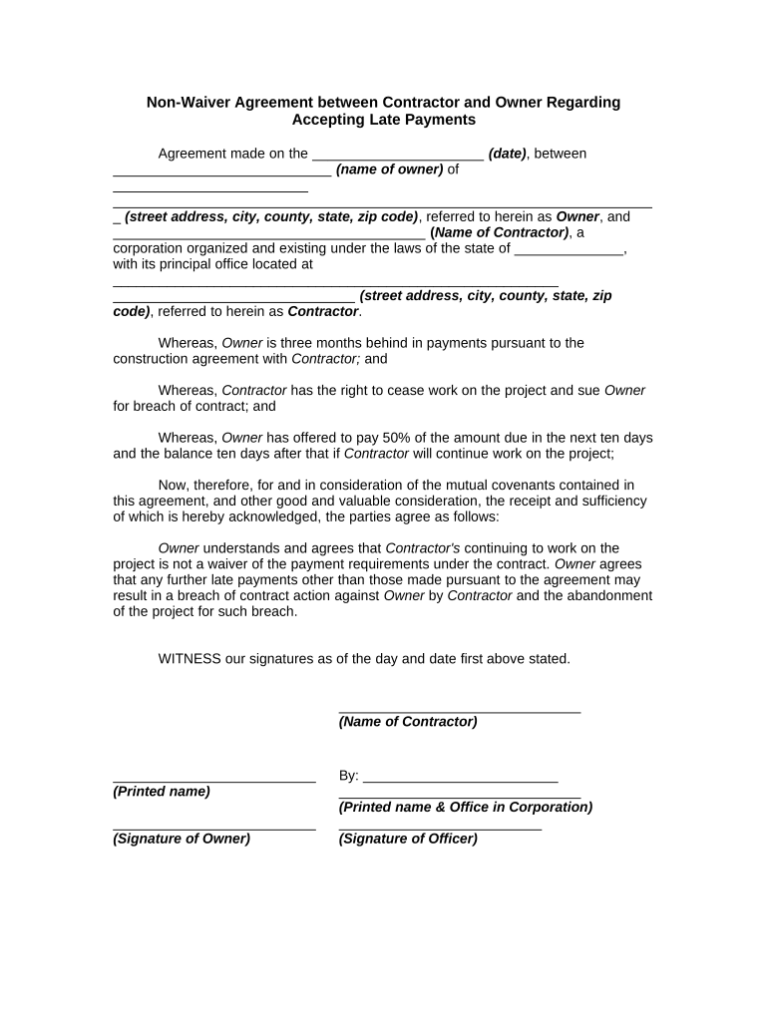 Non Waiver Agreement Template
