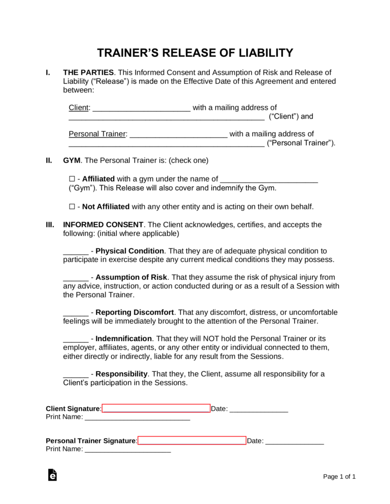 Personal Trainer Waiver Liability Form Template