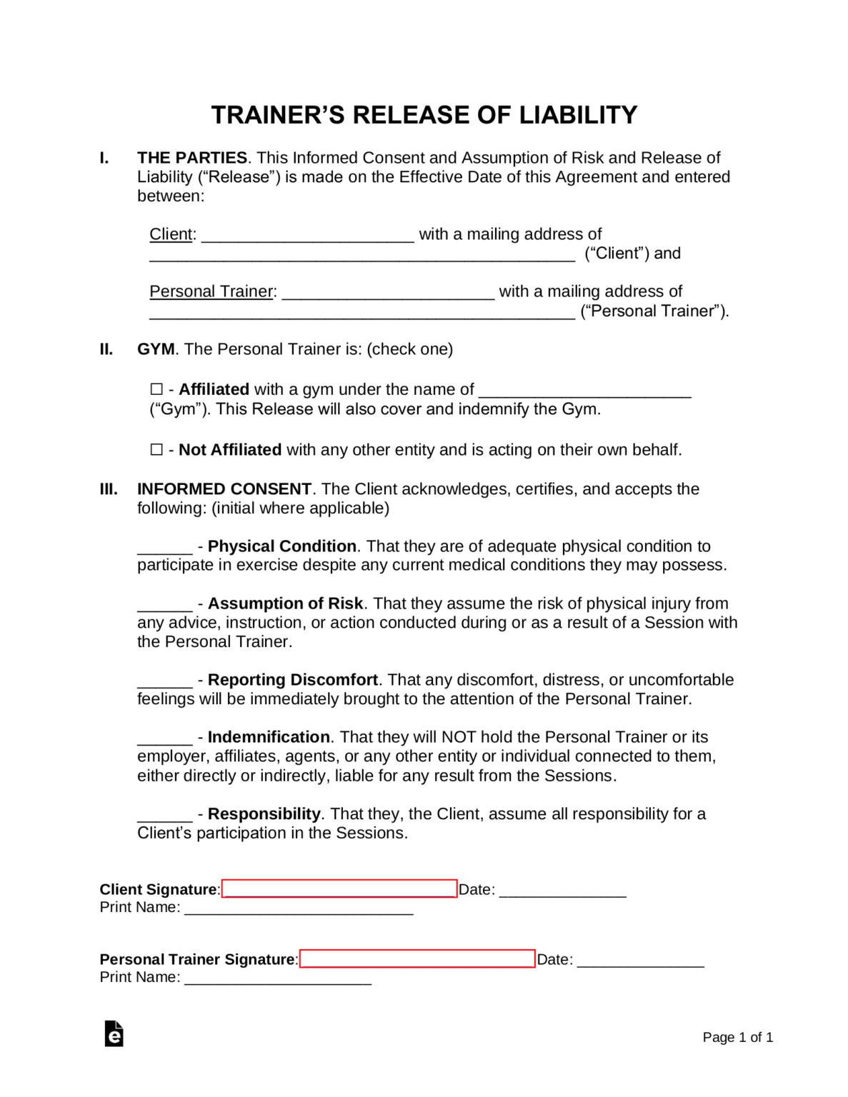 Personal Training Free Fitness Waiver Template