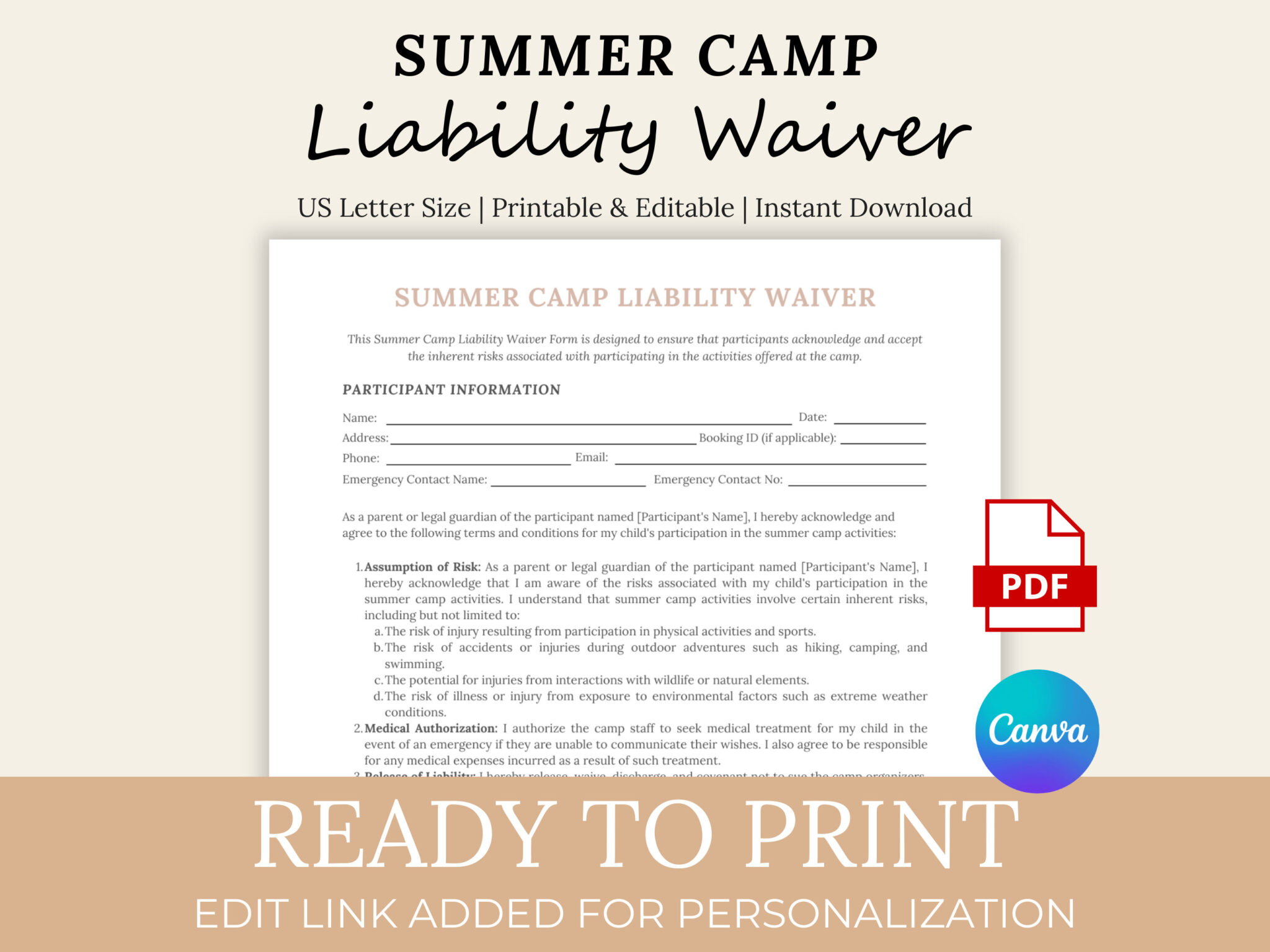 Summer Camp Activity Waiver Template